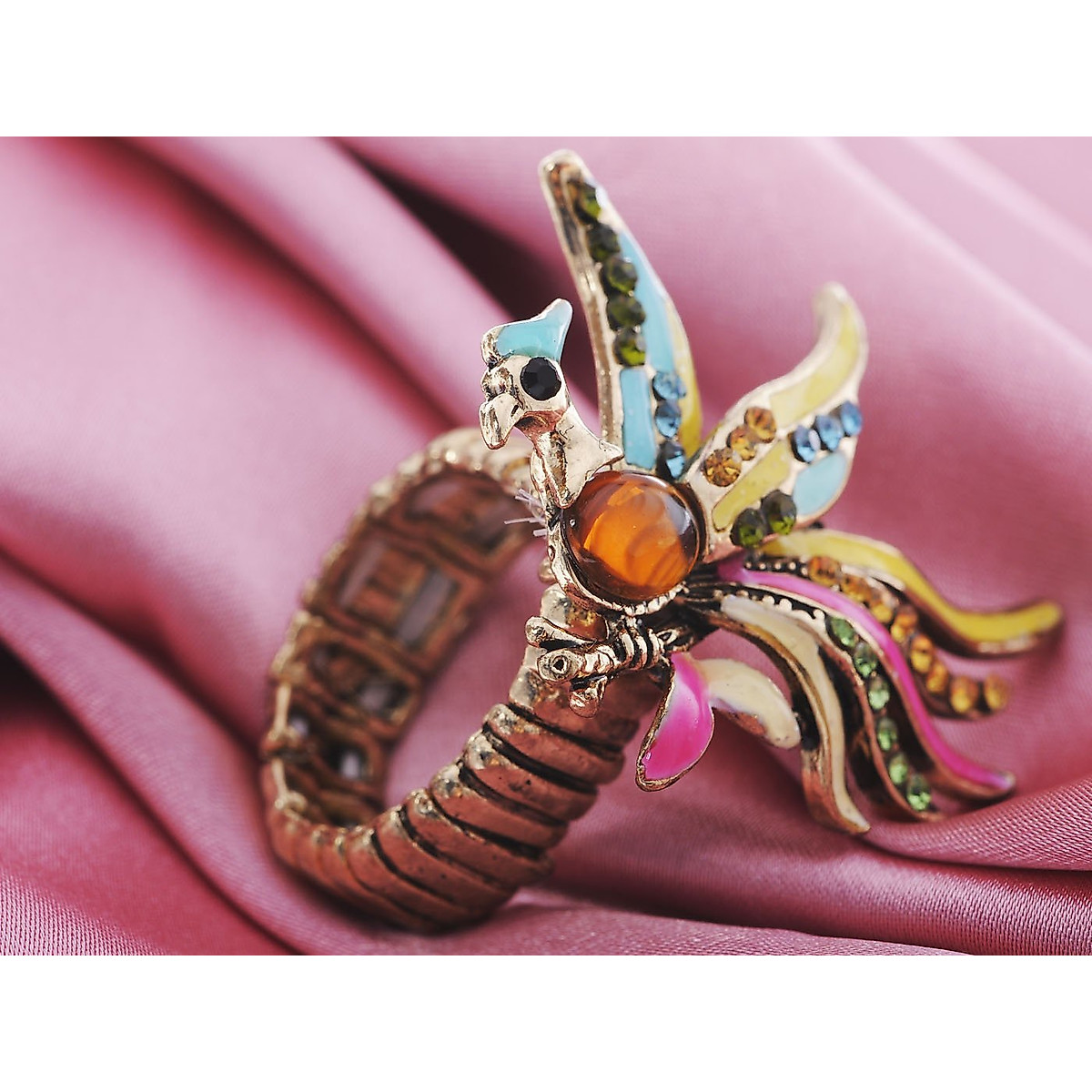 Alilang Womens Elastic Antique Gold Rhinestones Colorful Phoenix Bird Ring