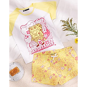 SpongeBob SquarePants Womens Pajama Set | Ladies Raglan T-Shirt & Yellow Elasticated Shorts | Daydreamer Coral & Jellyfish