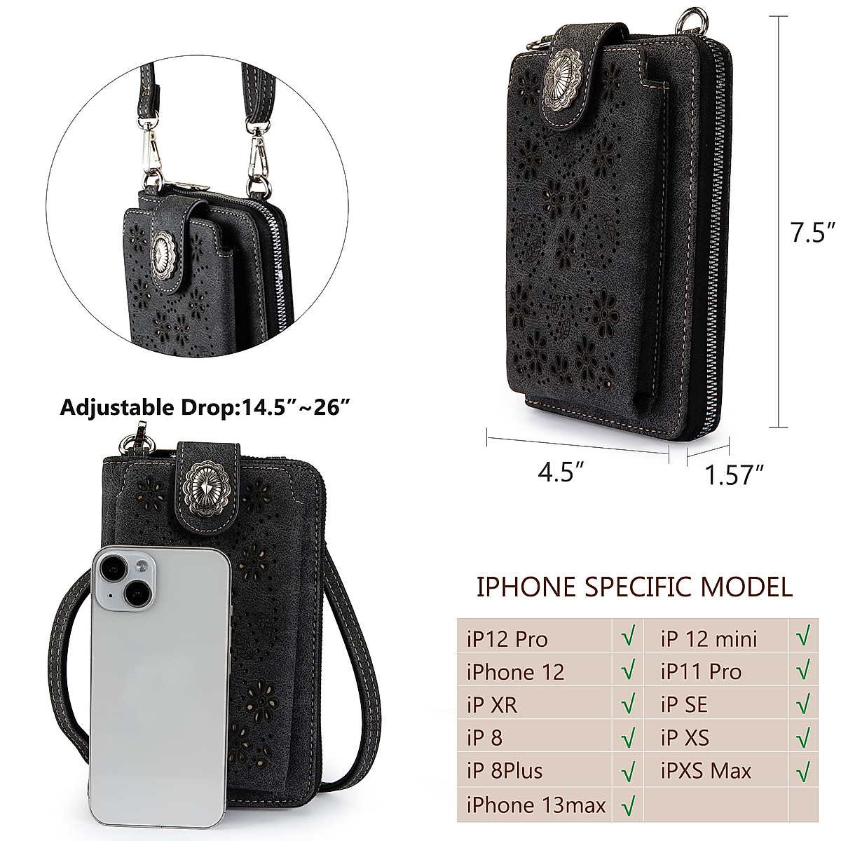 Montana West Crossbody Cell Phone Purse For Women Western Style Cellphone Wallet Bag Travel Size With Strap PHD-120BK