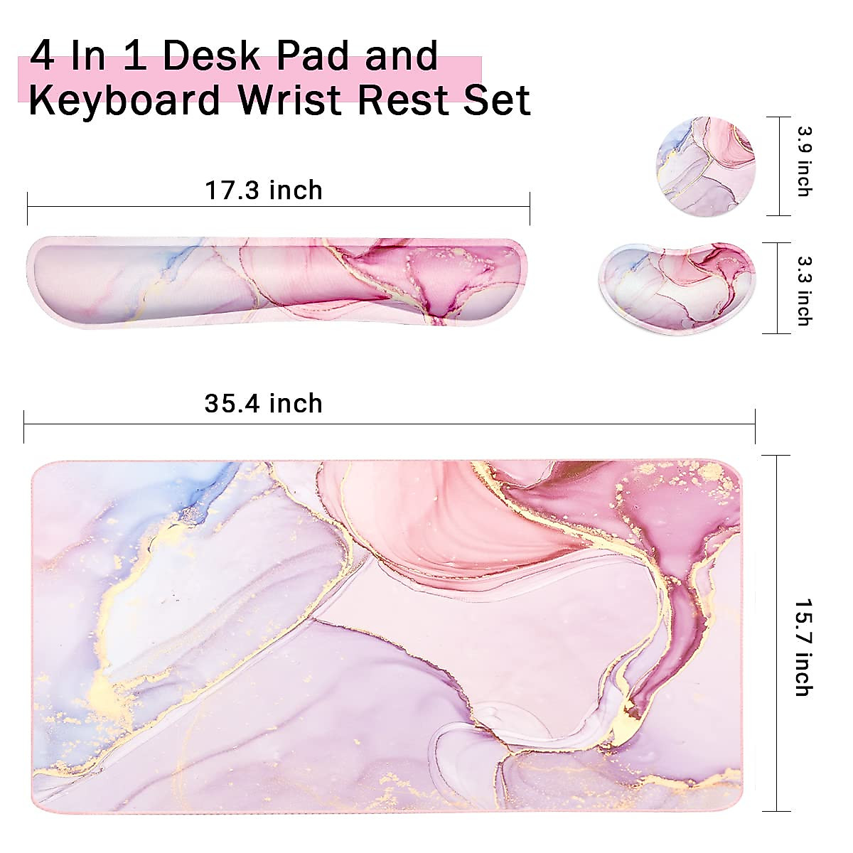 Keyboard Mouse Pad Set, Extended Mouse Pad+Keyboard Wrist Rest Support, Memory Foam Ergonomic Easy Typing, 3Pcs (35.4×15.7 in) Desk Pad Set for Home Office Study Game- Pink Marble