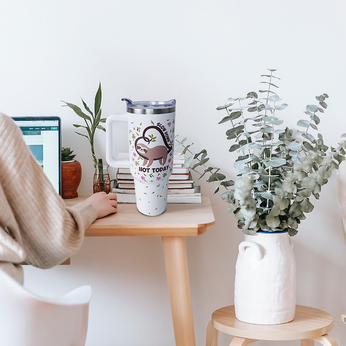 PERRIFIC Sloth Mug 30 oz Tumbler with Handle and Straw Lid Leak Proof - Sloth Coffee Travel Mug with Handle Insulated for Hot and Cold Drink Ice - Birthday Sloth Gifts for Women Stainless Steel Cup