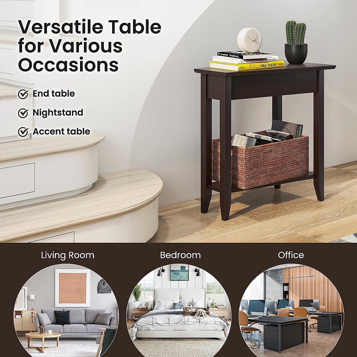 GOFLAME 2-Tier Wedge End Table, Narrow Triangle Side Table with Storage Shelf, Solid Wood Legs, Nightstand, Recliner Wedge Table for Living Room, Bedroom, Small Space, Espresso