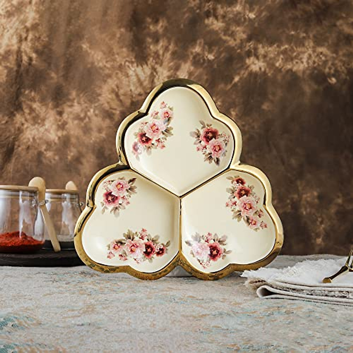 fanquare 3 Compartment Platter, Gold Porcelain Appetizer Serving Tray, Floral Ceramic Divided Serving Plate for Fruit, Candy, Nuts