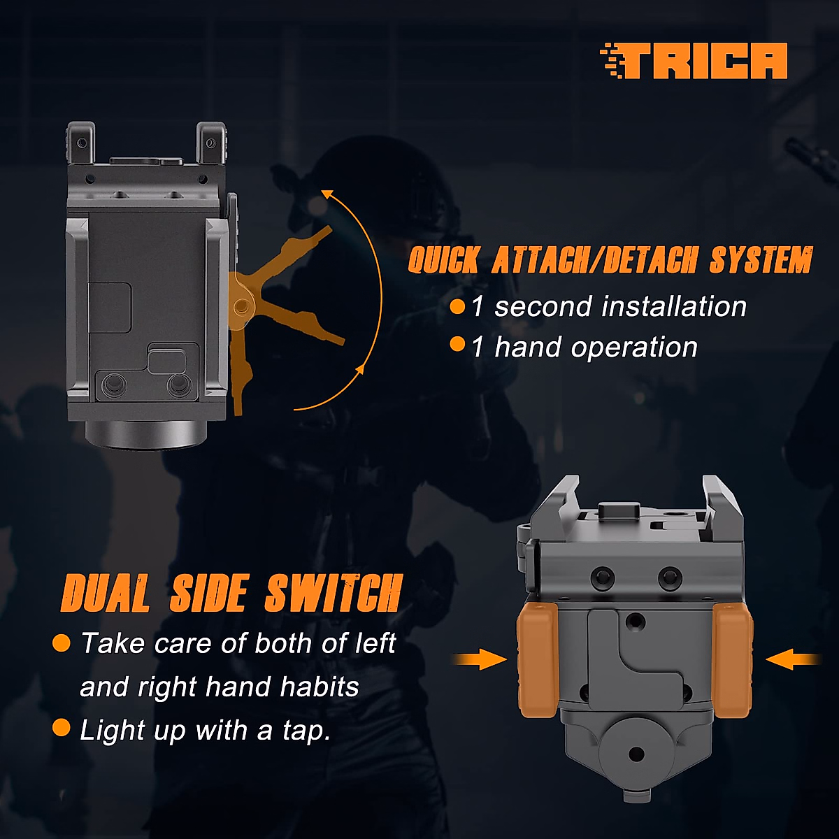 trica 800 Lumens Compact Green/Red Laser Light Combo, Compact Rechargeable Tactical Flashlight with Green Beam Quick Release Strobe Function Laser Light Combo with 1913 or GL Rail, Built-in Batter