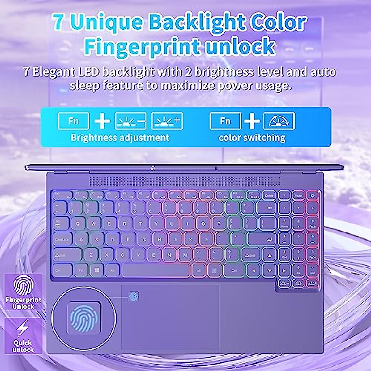 【Win 11 Pro/Office 2019】 16" Laptop Ultra-Narrow bezels 2.5K FHD(2560x1600) IPS Screen, Celeron N5095, 12G RAM, 1TB SSD, Color Backlit KB, Fingerprint Reader, WiFi, Type-C, HDMI(12G+1T SSD, Purple)