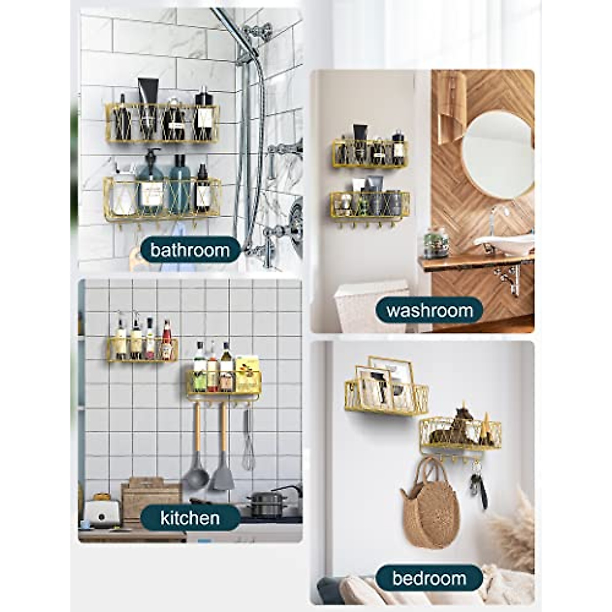 Iperlife Adhesive Shower Caddy Basket Shelf, Bathroom Shampoo Organizer Shelves, Kitchen Storage Rack, No Drilling Wall Mounted Rustproof Shower Shelf for Inside Shower - 2 Pack (Gold)