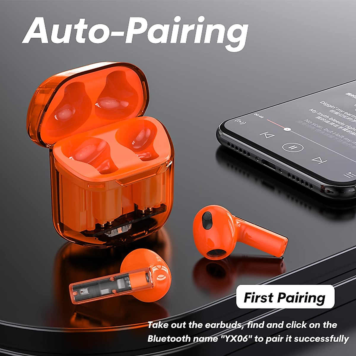 True Wireless Earbuds Bluetooth in Ear Headphones for iPhone Android Transparent Blue Tooth 5.3 Ear Buds Deep Bass TWS Wireless Earphones with Microphone Cordless Earbud with Charging Case Orange