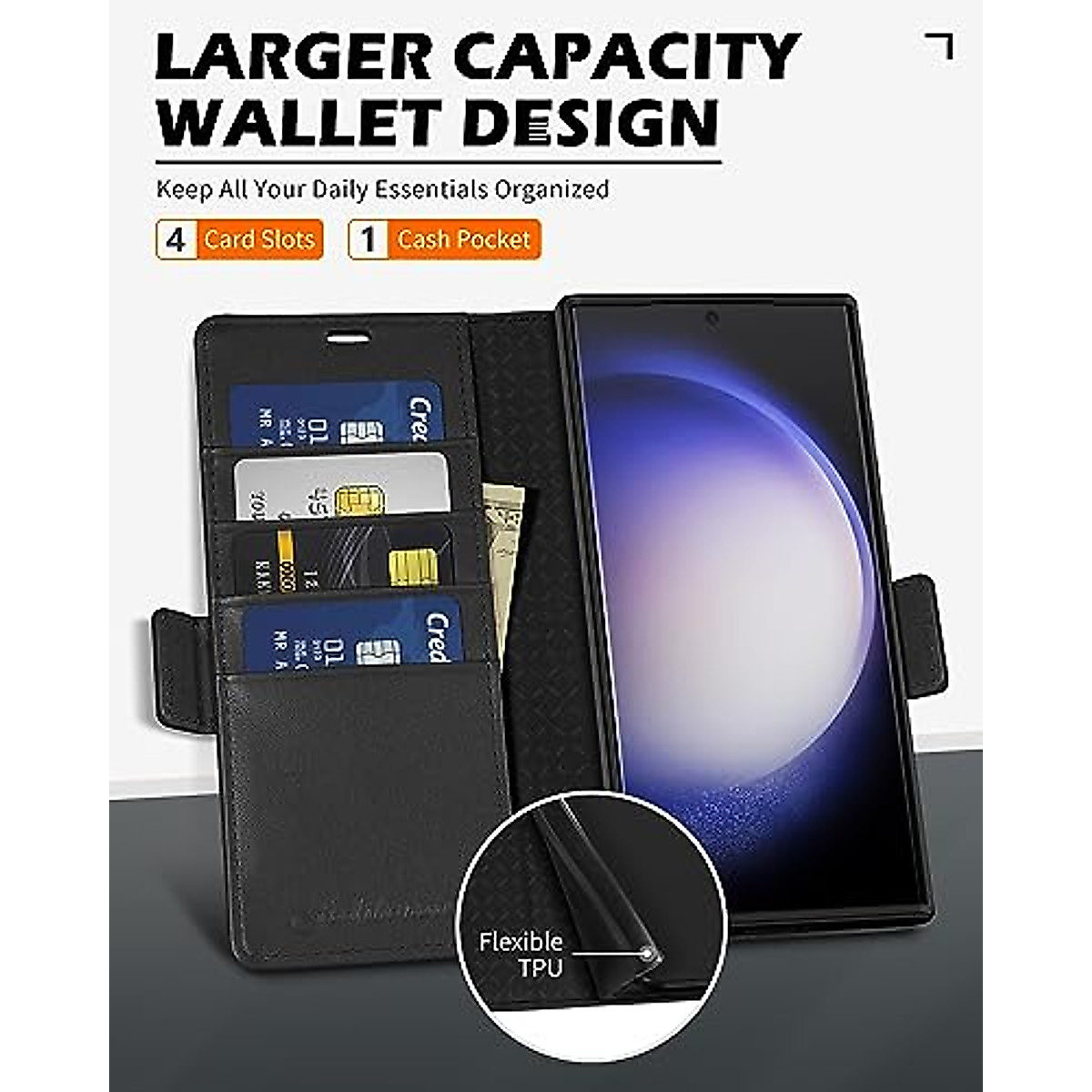 SHIELDON Wallet Case for Galaxy S23 Ultra 5G, Genuine Leather Case Kickstand RFID Blocking Credit Card Holder Shockproof Protection Magnetic Cover Compatible with Galaxy S23 Ultra 6.8" 2023 - Black