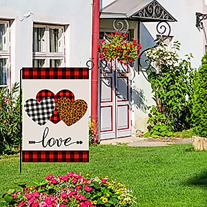 Welcome Valentines Day Garden Flag Vertical Double Sided Buffalo Plaid Leopard Love Hearts Burlap Garden Flag, Valentine's Day Anniversary Wedding Yard Outdoor Decoration 12.5 x 18 Inch