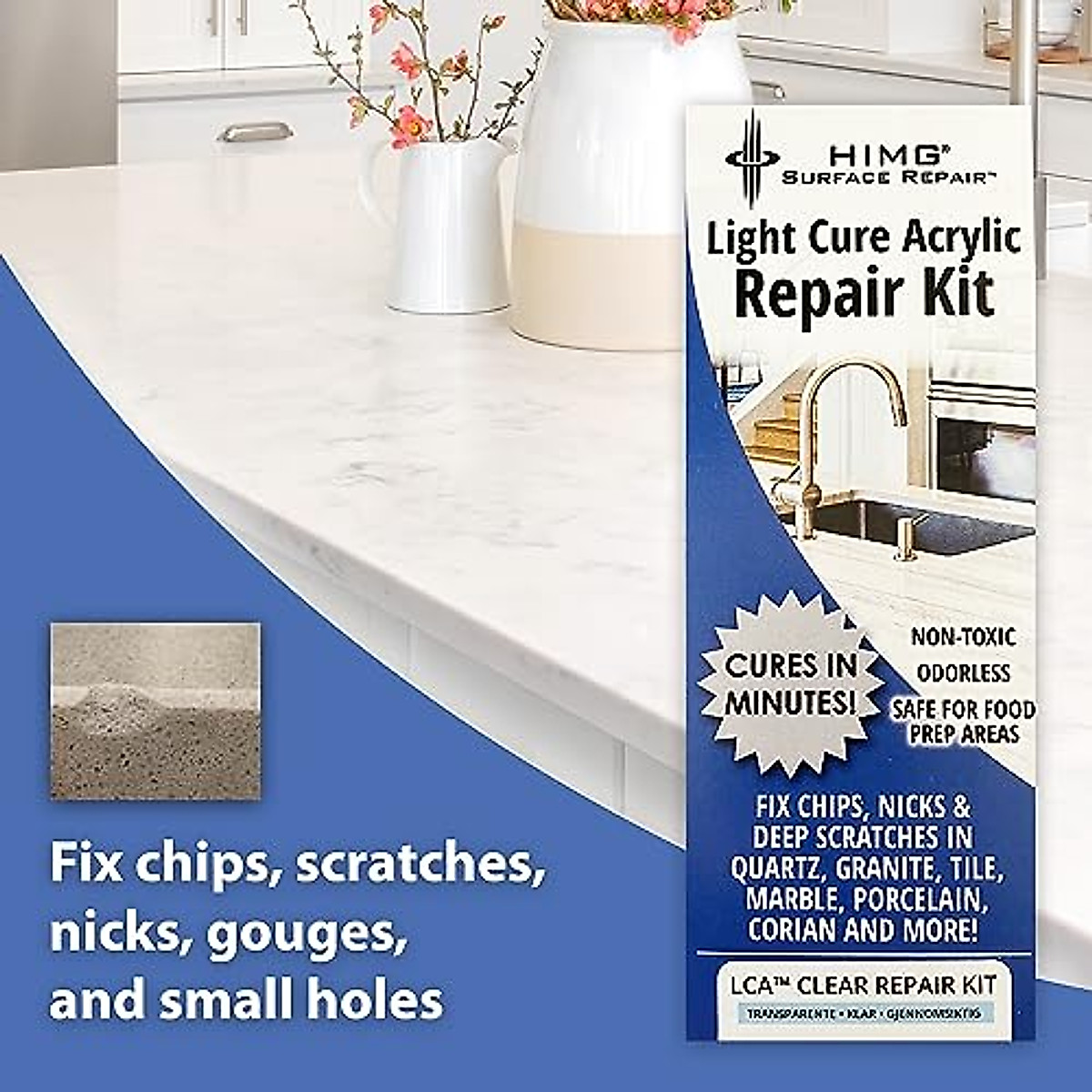 Clear - Quartz Countertop Repair Kit - Granite Repair Kit - Chip Repair Kit for Quartz, Granite, Marble, Corian, Porcelain, Acrylic, Edge Chips, Cracks - Quartz Chip Repair Kit - HIMG Surface Repair