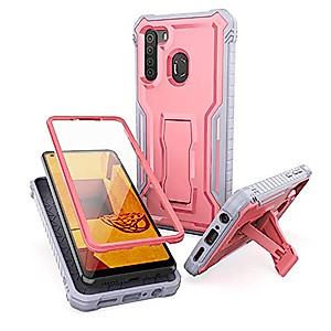 FITO Samsung Galaxy A21 Case, Dual Layer Shockproof Heavy Duty Case with Screen Protector for Samsung A21 Phone, Built-in Kickstand (Pink)