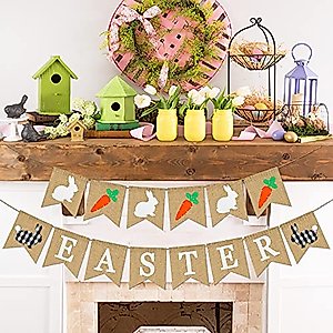 Easter Burlap Banner with Buffalo Plaid Bunny - NO DIY - Rustic Farmhouse Easter Decorations, Easter Bunny Rabbit Carrot Bunting Garland for Home Mantle - Easter Bunny Banner - Easter Party Decor