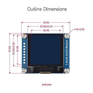 Waveshare 1.5inch OLED Display Module 128x128 Pixels 16-bit Grey Level with Embedded Controller Communicating via SPI or I2C Interface.