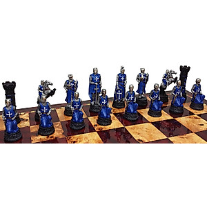 Medieval Times Crusades Knight Blue and White Set of Chess Men Pieces Hand Painted With Maltese Cross - no Board