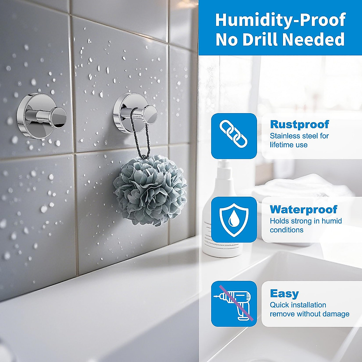 KaloTidy Suction Cup Hooks for Shower, Bathroom, Glass Window, Hanging Loofah, Towels, Coats, Robes, Kitchen and Door Hanger, Heavy-Duty Metal Hooks, Waterproof and Removable,2 Pack (Chrome)