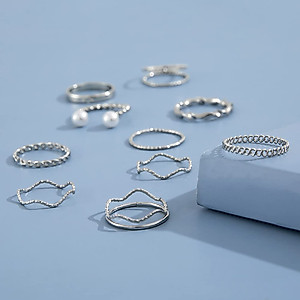 Chmier 10 Pcs Boho Knuckle Rings Set Dainty Twist Wave Minimalist Stackable Rings Pearl Statement Rings for Women