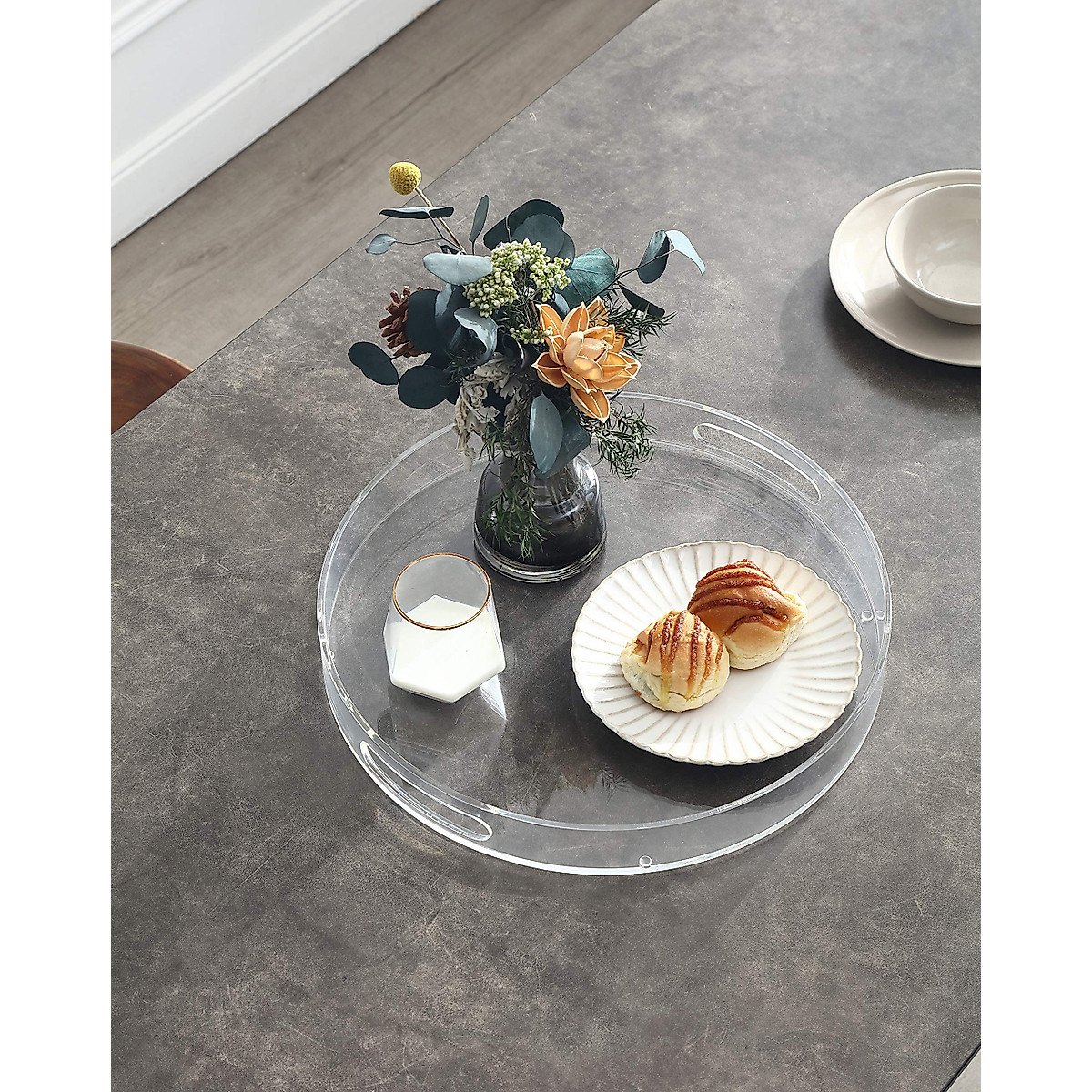 Artmaze Clear Sturdy Acrylic Round Tray with Handles,Spill Proof,for Kitchen (16 inch)