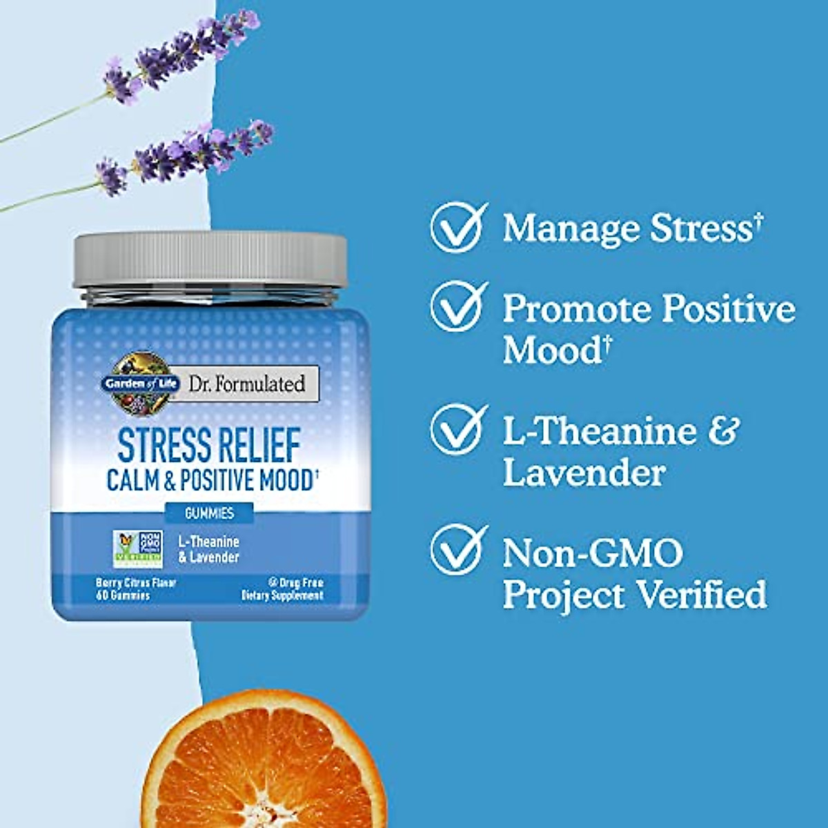 Garden of Life Stress Relief Gummies, Non-GMO Supplement for Calm & Positive Mood - Berry Citrus - 60 Count, Vegan Energy Support with L-Theanine Lavender Gummy Vitamin, Dr Formulated (30 Day Supply)