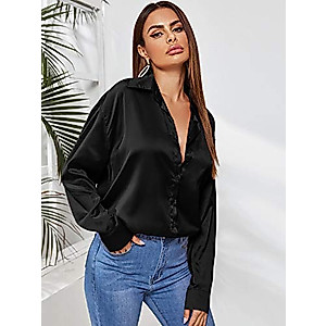 SOLY HUX Women's Satin Silk Long Sleeve Button Down Shirt Office Work Blouse Top Black S