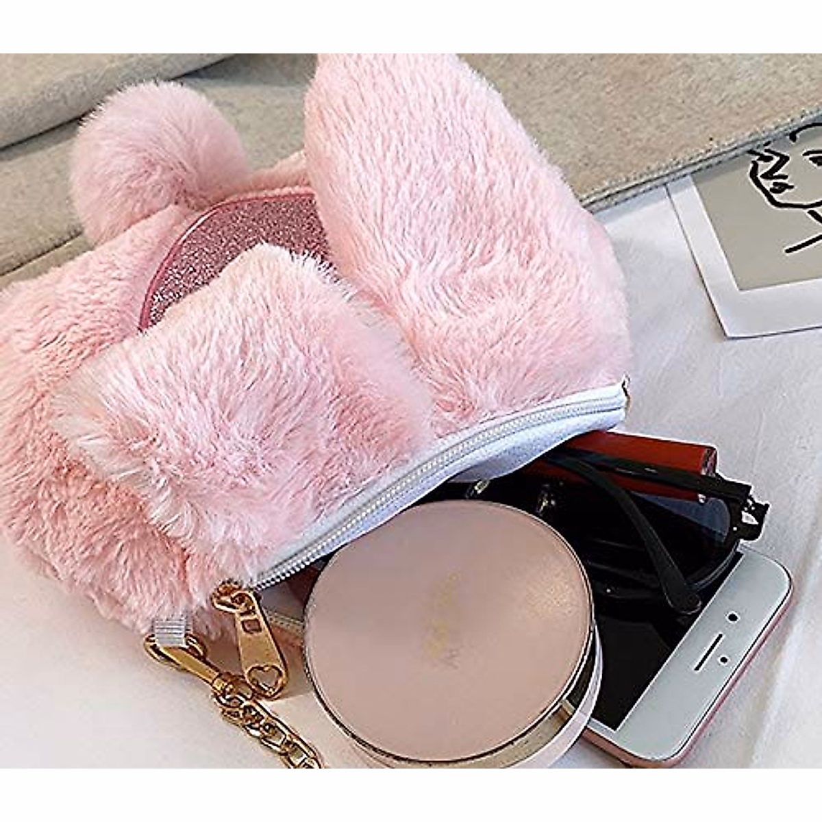 QZUnique Rabbit Shape Handbag Women's Lovely Plush Toy Crossbody Bag Rope Strap Shoulder Bag