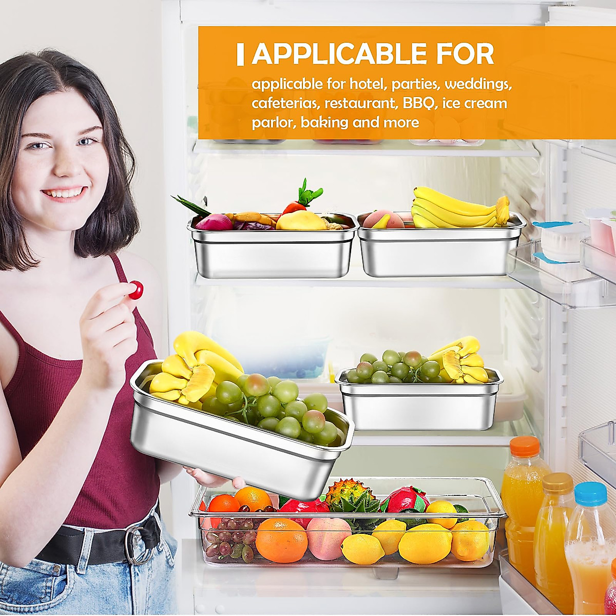 Suttmin 8 Pcs Stainless Steel Food Storage Containers with Lids 1/3 Size Hotel Pans Chicken Food Grade Pans Metal Meal Food Containers for Restaurant Stackable Kitchen Freezer Buffet(4 Inch Deep)