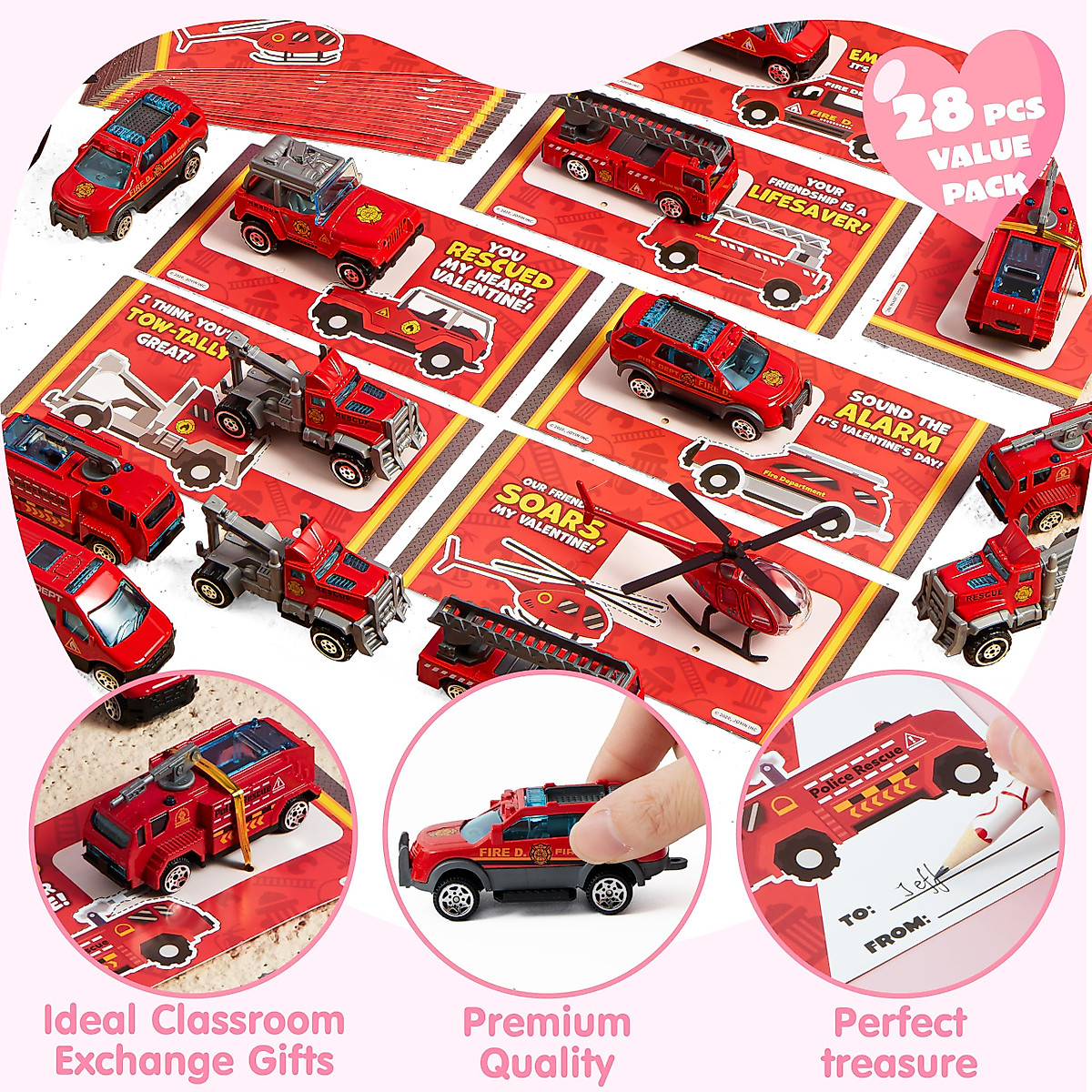 JOYIN 28 Packs Valentines Day Cards with DieCast Fire Rescue Vehicles Toys for Kids Valentine Party Favor, Classroom Exchange Prize and Gifts for Boys, Valentine’s Greeting Cards