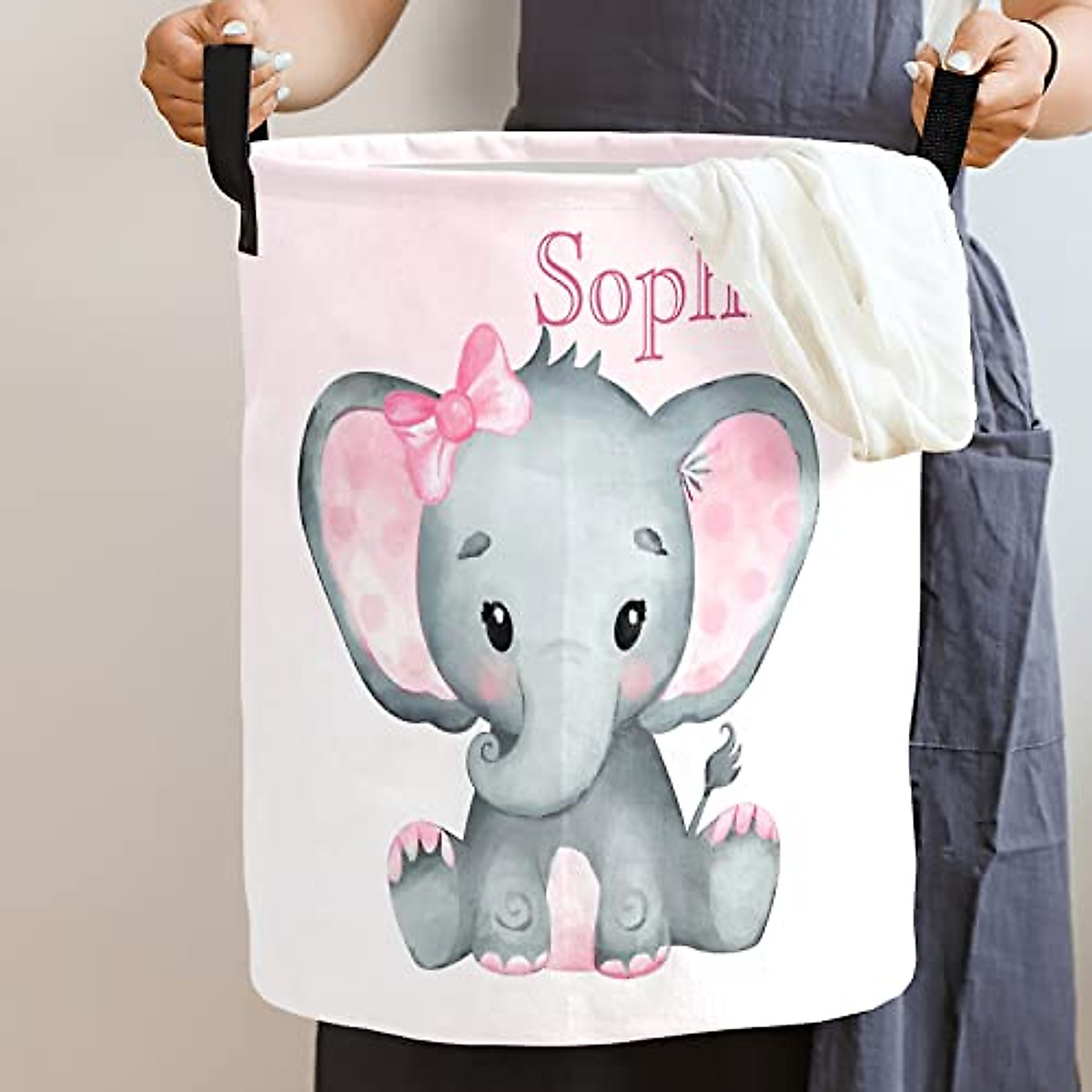 Cute Elephant Gradient Large Laundry Basket Custom Name Foldable Clothes Bag Collapsible Fabric Laundry Hamper Folding Washing Bin for Gift