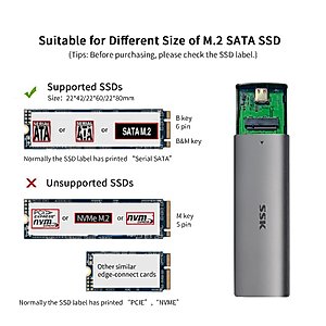 SSK Aluminum Tool-Free M.2 SATA SSD Enclosure Reader USB 3.2 Gen 2(6Gbps) Type-C External SSD Adapter Support UASP TRIM for M2 SATA NGFF 2242/2260/2280 SSD with B Key/B+M Key(𝗦𝗔𝗧𝗔 𝗦𝗦𝗗 𝗼𝗻𝗹𝘆)