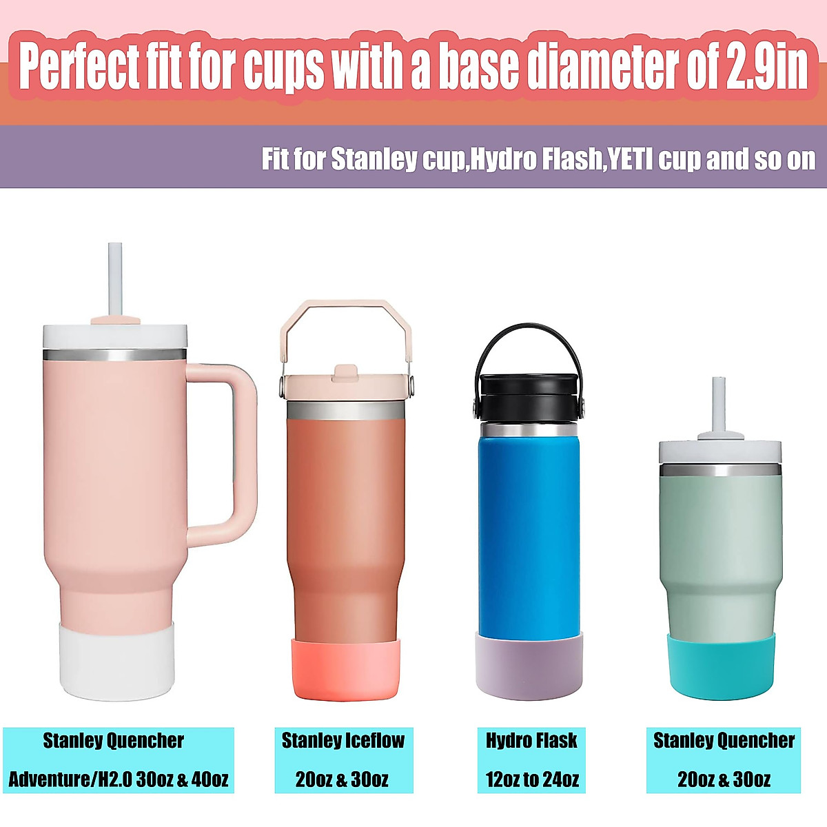 2Pcs Silicone Boot for Stanley 40 oz 30 oz Tumbler with Handle & Stanley IceFlow 20oz 30oz, Reduces Noise Protective Silicone Water Bottle Bottom Sleeve Cover for Stanley Cup Accessories (Pink Dusk)