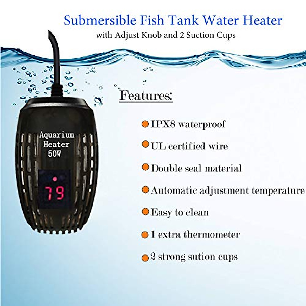 Mylivell Aquarium Heater Submersible Auto Thermostat Heater for Small Tank,Fish Tank Water Heater and Adjustable Temperature with Suction Cup-50W