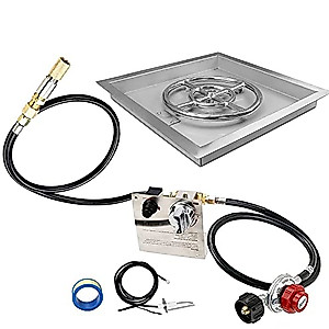 Uniflasy 18 Inch Square Drop-in Fire Pit Pan with 12" Round Burner Ring, 165k BTU Stainless Steel Fire Pit Pan with Spark Ignition and Propane Hose Kit for Indoor or Outdoor Fire Table/Fire Pit