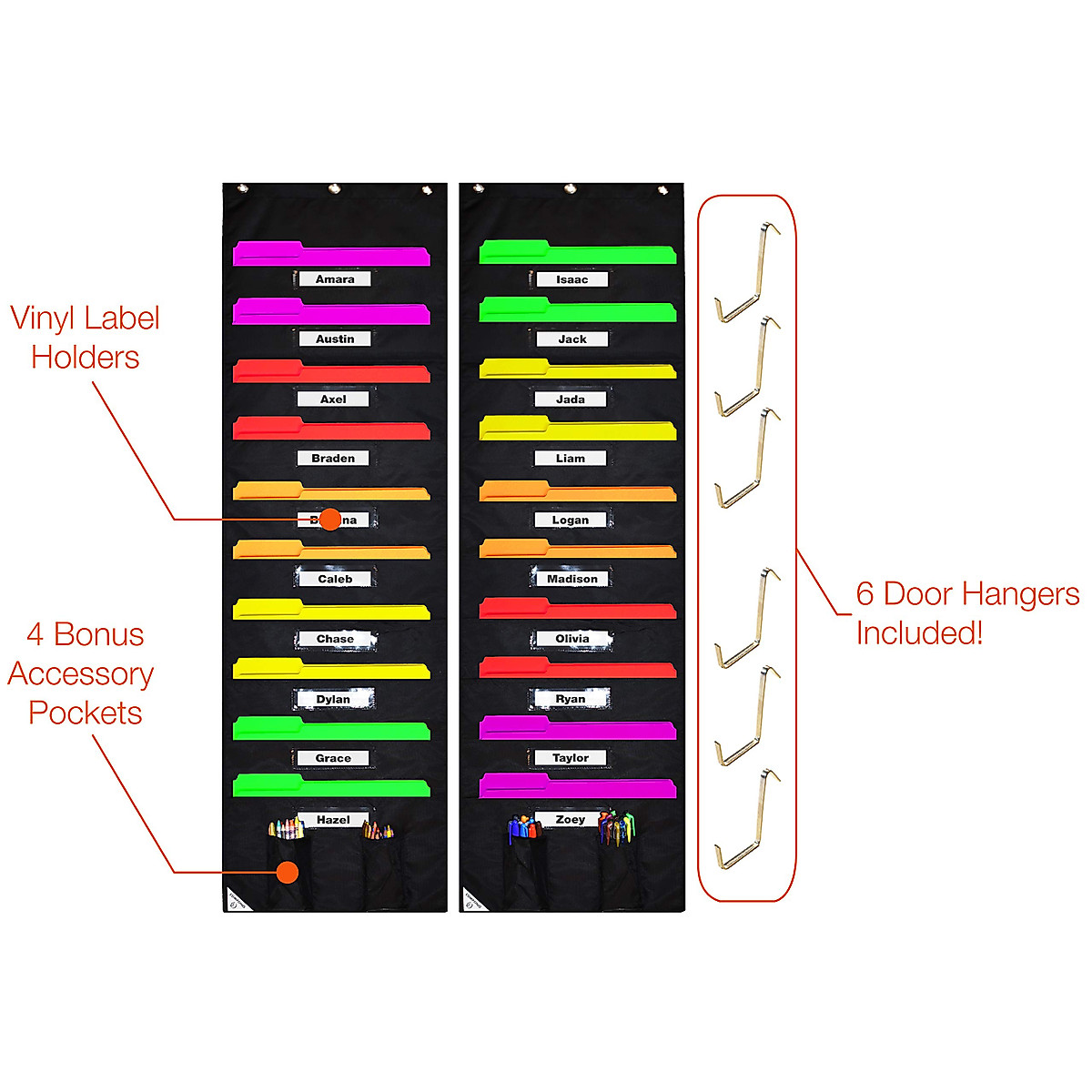 COMPONO Wall Storage Pocket Charts for Classroom (10 Pocket - 2 Pack, Black w/ window) File Organizers - Best Hanging File Pocket Chart for School, Classroom, Home or Office Use. Wall Pocket Chart