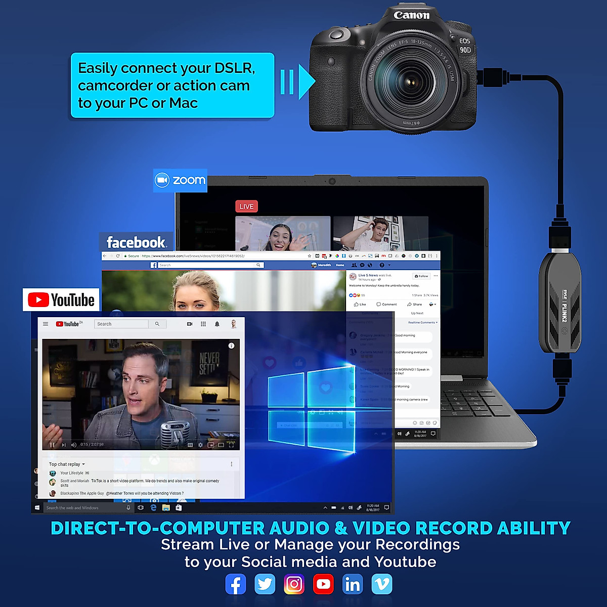 Pyle HDMI Video Capture Card Camera Link 4K USB3.1 GEN1 HDMI-to-USB Audio-Video Recording DSLR Camcorder Action Cam,Record Directly to Computer for Gaming Streaming,Conference LiveBroadcast PLINK2.5