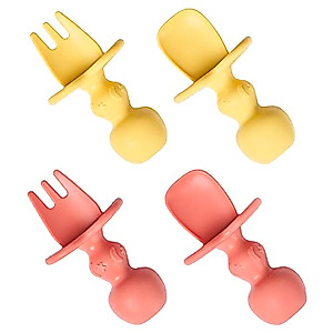4 Pack Baby Utensils Self Feeding 6+ Months, Silicone Baby Spoons and Forks, Toddler Utensils for Baby Led Weaning, Chewable Utensils First Stage, Pink, Yellow