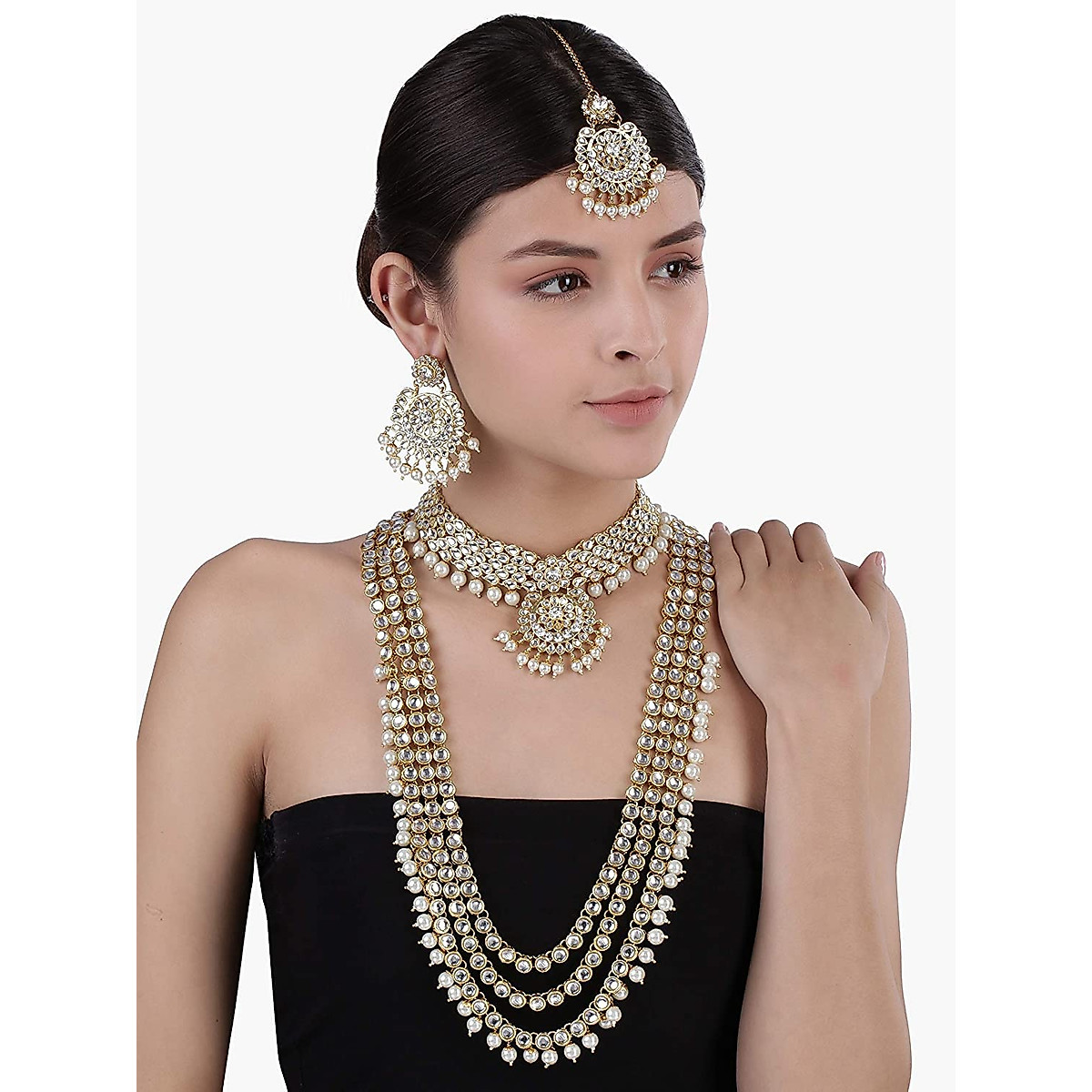 Aheli Indian Wedding Kundan Beaded Heavy Bridal Long Choker Necklace Earrings with Maang Tikka Traditional Jewellery Set for Women (White)