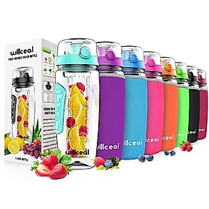Fruit Infuser Water Bottle 32oz Willceal- Durable, Large - BPA Free Tritan, Flip Lid, Leak Proof Design - Sports, Camping (Bright Teal)