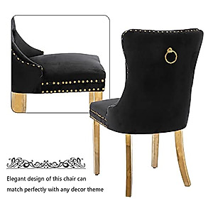 Aoowow Velvet Upholstered Dining Chairs Set of 2, Wingback Armless Side Chairs Button Tufted with Golden Stainless Steel Plating Legs for Kitchen Dining Room (Black-Gold)