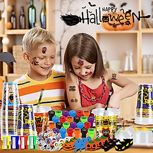 292 Pcs Halloween Party Favors, 24 Packs Stationery Supplies Set with Pencils Erasers Sharpeners Rulers Notepads Stampers Cups, Halloween Treats Goodie Bag Fillers for kids gifts, Classroom Prizes