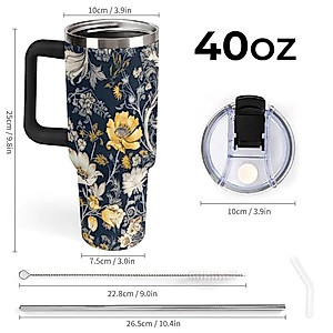 YTLKGFP 40 Oz Large Capacity Car Cup With Floral Pattern Tumbler with Handle (Black) Straw Lid Insulated Stainless Steel Water Bottle Travel Mug Leak-proof Car Cup Keeps Cold Or Hot