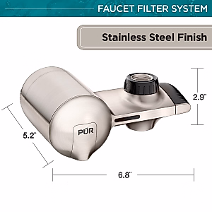 PUR PLUS Horizontal Faucet Mount Water Filtration System, 3-in-1 Lead Reducing Filter for Great-Tasting Filtered Tap Water, Lasts 100 Gallons, Fits Most Kitchen or Bathroom Faucets, Stainless Steel