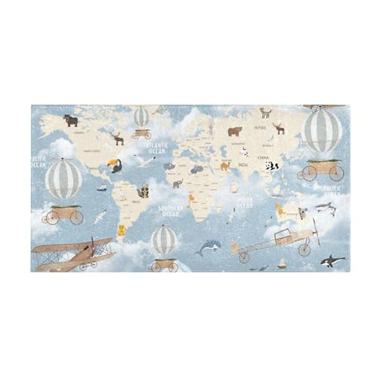 Fluffy Floor Carpet-Animals World Map Travel Theme，39x20in Front Door Mat Indoor Machine Washable Carpet,Aesthetic Rug