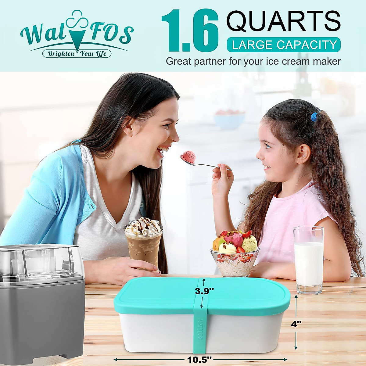 Walfos Ice Cream Containers - 1.6 Quart Each, Reusable Homemade Ice Cream Tubs with Silicone Lids, Stackable Freezer Storage Container for Yogurt, Sorbet, Gelato, Bonus 2 Bands, 12 Stickers, Set of 2