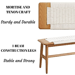 Grewood Wood Dining Bench,100% Natural Solid Oak with Rattan Design, Rounded Edge, Bench for Entryway Hall, Dining Room,Bedroom, Living Room (Off-White, 31.49 inch)