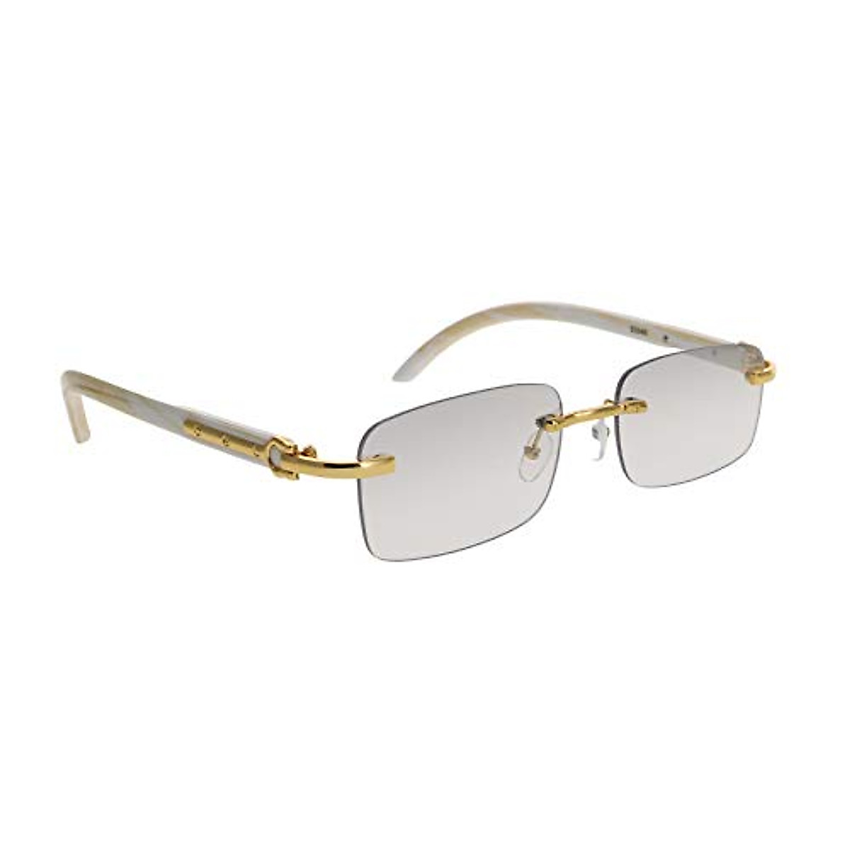 FLAWLESS EYEWEAR Retro Wood Buffs Vintage Style Gangster Rimless Clear Lens Rectangular Metal & Wood Eye Glasses (Cream-Gold/Tinted Clear Lens)