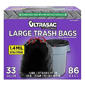 Ultrasac Black Large Heavy Duty Drawstring Trash Bags 33 Gallon 1.4 MIL, 33.5" x 38" - Pack of 86 - For Home, Commercial, Construction, & Outdoor