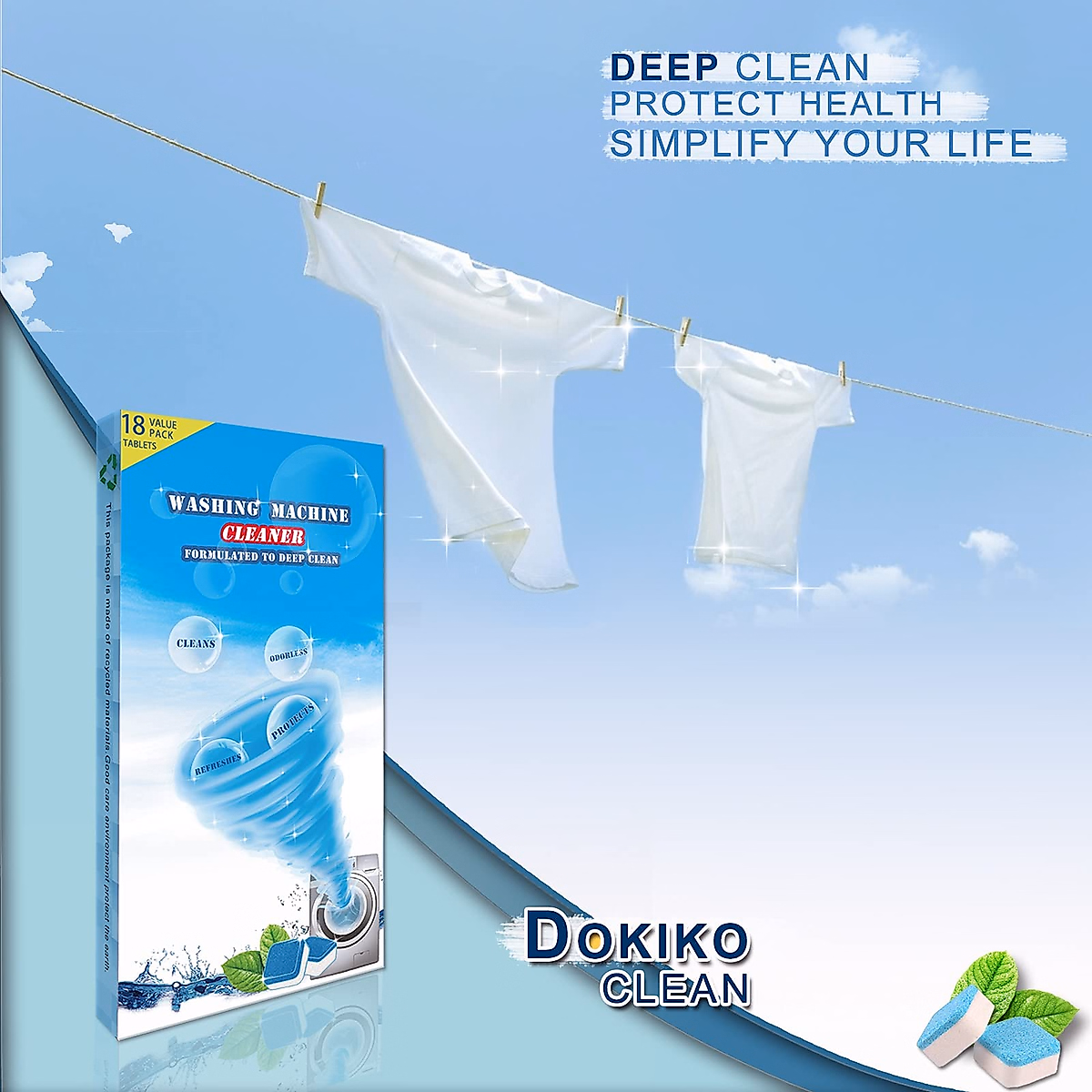 DOKIKO Washing Machine Cleaner tablets 18 Pack- Deep Clean Tablets for HE Front Loader & Top Load Washer, Eco-Friendly Septic Safe Deodorizer to Clean Inside Drum & Tub Seal.