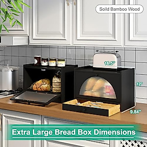 kiplant Black Bread Box for Kitchen Counter, Large Bamboo Bread Storage Container with Silverware Drawer, Bamboo Wooden Farmhouse Bread Box for Your House
