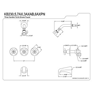 Kingston Brass KB235AX Tub and Shower Faucet with 3-Cross Handle, Oil Rubbed Bronze,5-Inch Spout Reach