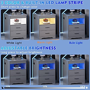 Gurexl LED Nightstand with Gun Drawer, Modern Beside Table with Charging Station, Auto Sensor 3 Color Dimmable Night Stand with Open Compartment for Bedroom (Grey)