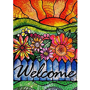 Covido Home Decorative Welcome Spring Watercolor Flowers Garden Flag, Summer Sunshine House Yard Abstract Floral Outside Decorations, Sunrise Farmhouse Seasonal Outdoor Small Decor Double Sided 12x18
